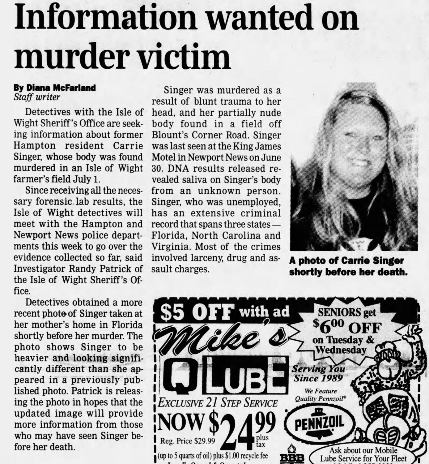 Cold Case Spotlight - Carrie Singer (update 2.0) - Project: Cold Case